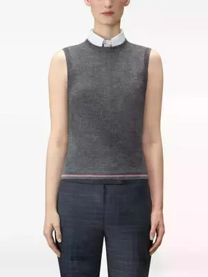 Thom Browne Ribbed Knit Sleeveless Crewneck Top With Rwb Stripe Detail - Grey