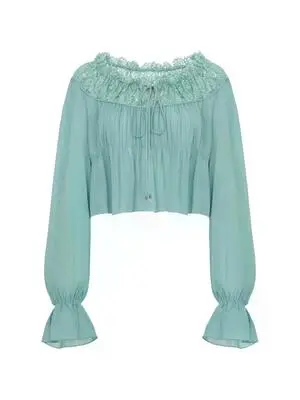 Chloé Cropped Silk Blouse With Lace Paneling - Blue