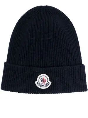 Moncler Virgin Wool Beanie With Logo Patch - Blue