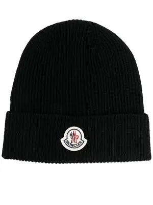 Moncler Virgin Wool Beanie With Logo Patch - Black