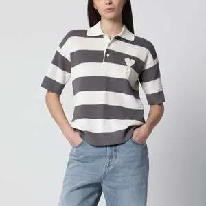 AMI Paris Striped Cotton Knit Polo Shirt - White