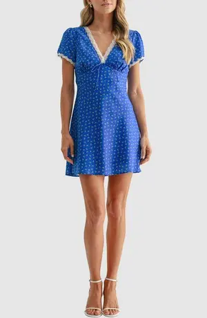 ALL IN FAVOR Lace Trim Minidress - Blue Ditsy