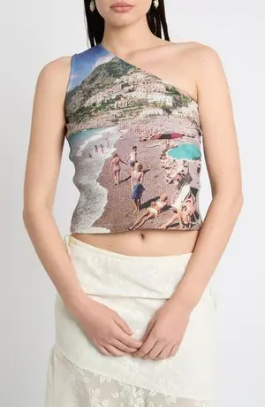 MUSE ASSEMBLY Placement Print One-shoulder Ribbed Top - Multi