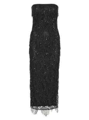 ROTATE BY BIRGER CHRISTENSEN Sequin Beaded Fringe Midi Tube Dress - Nero