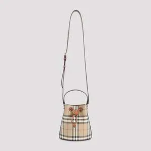 Burberry Drawstring Bucket Handbag With Leather & Canvas, W 16.5 Cm H 18 Cm D 10.5 Cm - Brown