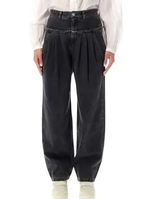 MARANT ETOILE MARANT ETOILE Iniza Wide-Leg Pleated Denim Jeans With Fringed Waist Yoke Faded Black