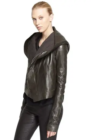 Rick Owens Lambskin Leather Hooded Biker Jacket - Dark Dust