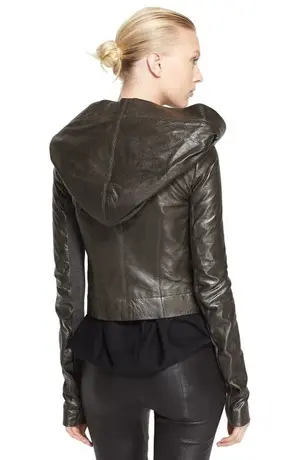Rick Owens Lambskin Leather Hooded Biker Jacket