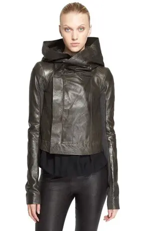 Rick Owens Lambskin Leather Hooded Biker Jacket