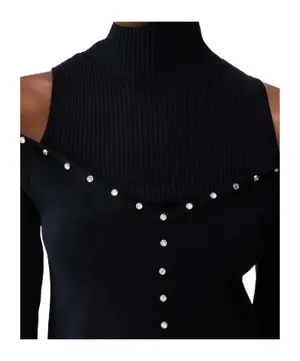 Liu Jo Ribbed High Neck Cold Shoulder Dress With Rhinestone Embellishment