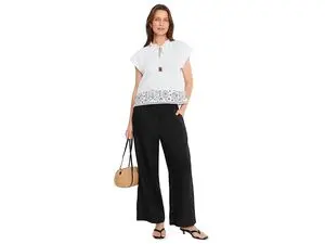 Vince Camuto Ruffle-trimmed V-neck Top With Tasseled Ties And Border Print - Black