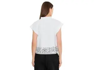 Vince Camuto Ruffle-trimmed V-neck Top With Tasseled Ties And Border Print - Black