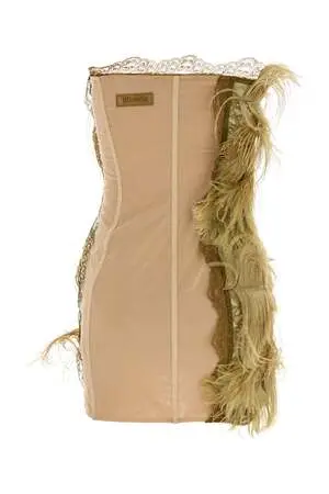 Attico Off-the-shoulder Lace And Mesh Mini Dress With Feather Embellishments - Green