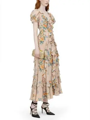 Alexander McQueen Floral Print Ruched Silk Dress - Cream