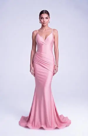 JESSICA ANGEL Ruched Plunge Neck Strappy Back Mermaid Evening Gown - Light Pink