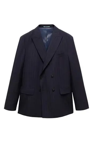 Mango Double Breasted Pinstripe Virgin Wool Blazer