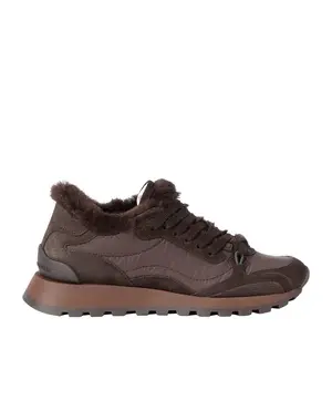 Brunello Cucinelli Suede And Techno-fabric Runners With Shearling Lining And Monili - Pepper