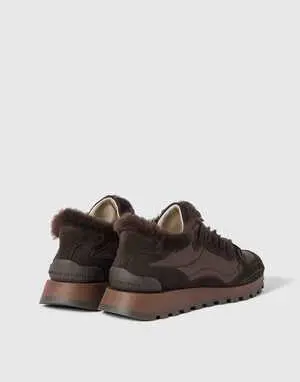 Brunello Cucinelli Suede And Techno-fabric Runners With Shearling Lining And Monili