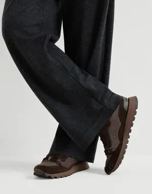 Brunello Cucinelli Suede And Techno-fabric Runners With Shearling Lining And Monili