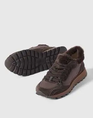 Brunello Cucinelli Suede And Techno-fabric Runners With Shearling Lining And Monili