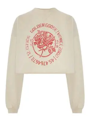 GOLDEN GOOSE Cotton Cropped Sweatshirt With Front Print - Cream