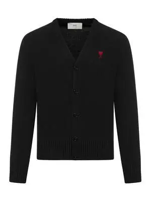 AMI Paris V-neck Knit Cardigan With Embroidered Logo - Black