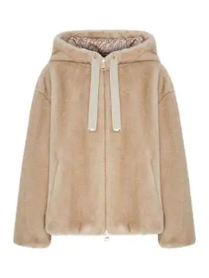 Herno Faux Fur Hooded Jacket With Drawstring - Cream