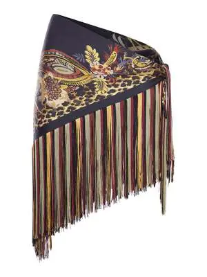Etro Printed Silk Scarf With Multicolored Fringe - Black