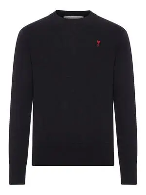 AMI Paris Crewneck Sweater In Merino Wool With De Coeur Embroidery - Black