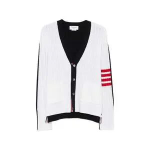 Thom Browne THOM BROWNE White Cable Knit V-Neck Cardigan With Signature 4-Bar Stripe White