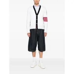 Thom Browne Cable Knit V-neck Cardigan With Signature 4-bar Stripe - White