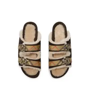 Burberry Embossed Check Shearling Lined Suede Sandals - Brown