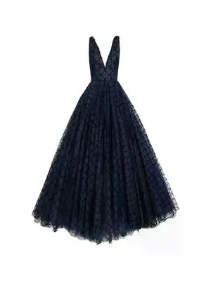 Oscar De La Renta Flocked Checked Gown - Blue