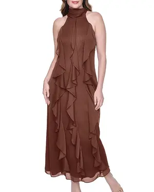 Eliza J Halter Cascade Ruffle Midi Dress - Chocolate
