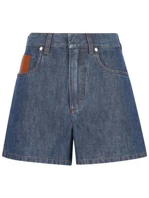 Fendi Appliqué Cotton Denim High-waist Shorts With Leather Logo Patch - Navy