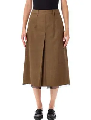 Prada Virgin Wool Midi Skirt With Sheer Chiffon Hem And Inverted Pleat - Tobacco