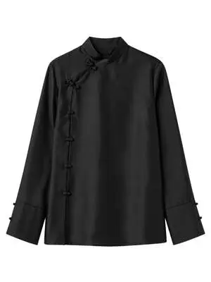 RÓHE Silk Mandarin Collar Top With Asymmetrical Knot Front - Black