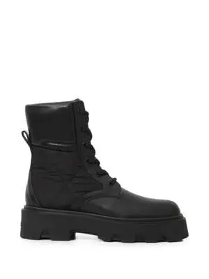 Moncler Leather Ankle Boots With Quilted Nylon Inserts And Lace-up Closure - Nero