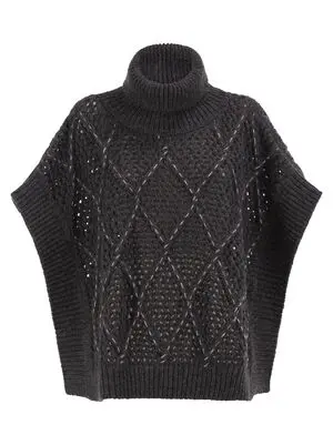 Peserico Virgin Wool Openwork Knit Roll-neck Poncho