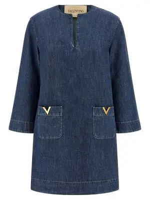 Valentino Garavani Denim Dress With Vgold Pockets - Blue