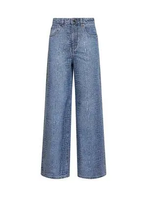 SELF-PORTRAIT Blue Rhinestone Croc-effect Wide Leg Jeans - Multicolor