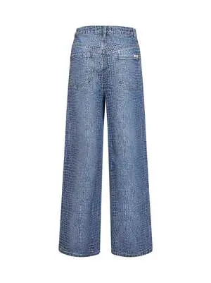 SELF-PORTRAIT Blue Rhinestone Croc-effect Wide Leg Jeans