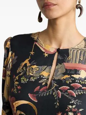 Etro Crepe Midi Dress With Floral And Animal Motif - Blue