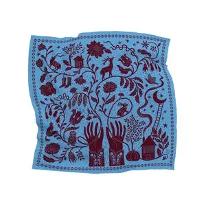 SILK&SOUL Folk Motif Silk Scarf In & Burgundy - Blue