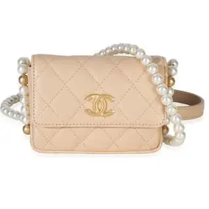 Chanel Quilted Calfskin Card Holder With Pearl Chain - Beige