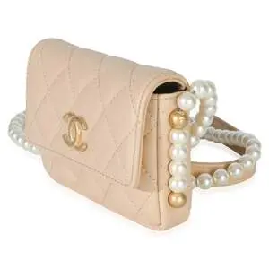 Chanel Quilted Calfskin Card Holder With Pearl Chain