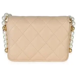 Chanel Quilted Calfskin Card Holder With Pearl Chain