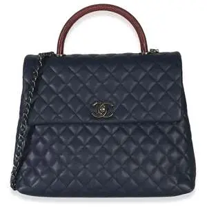 Chanel Navy Quilted Caviar Lizard Coco Top Handle Bag