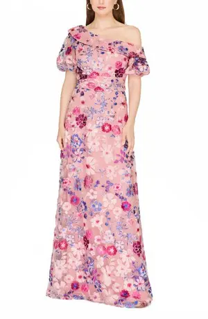 Js Collections Marigold Embroidered One-shoulder Puff Sleeve Gown - Rose Multi