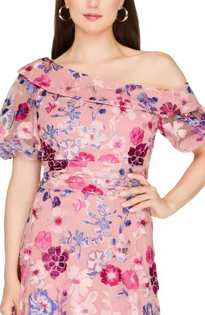 Js Collections Marigold Embroidered One-shoulder Puff Sleeve Gown